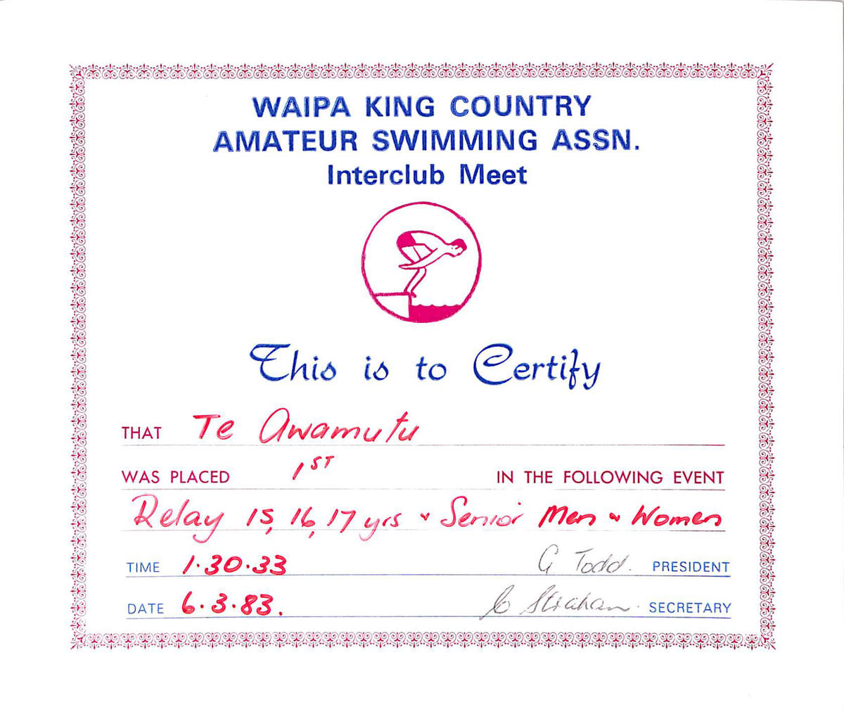 Certificate - Te Awamutu Museum